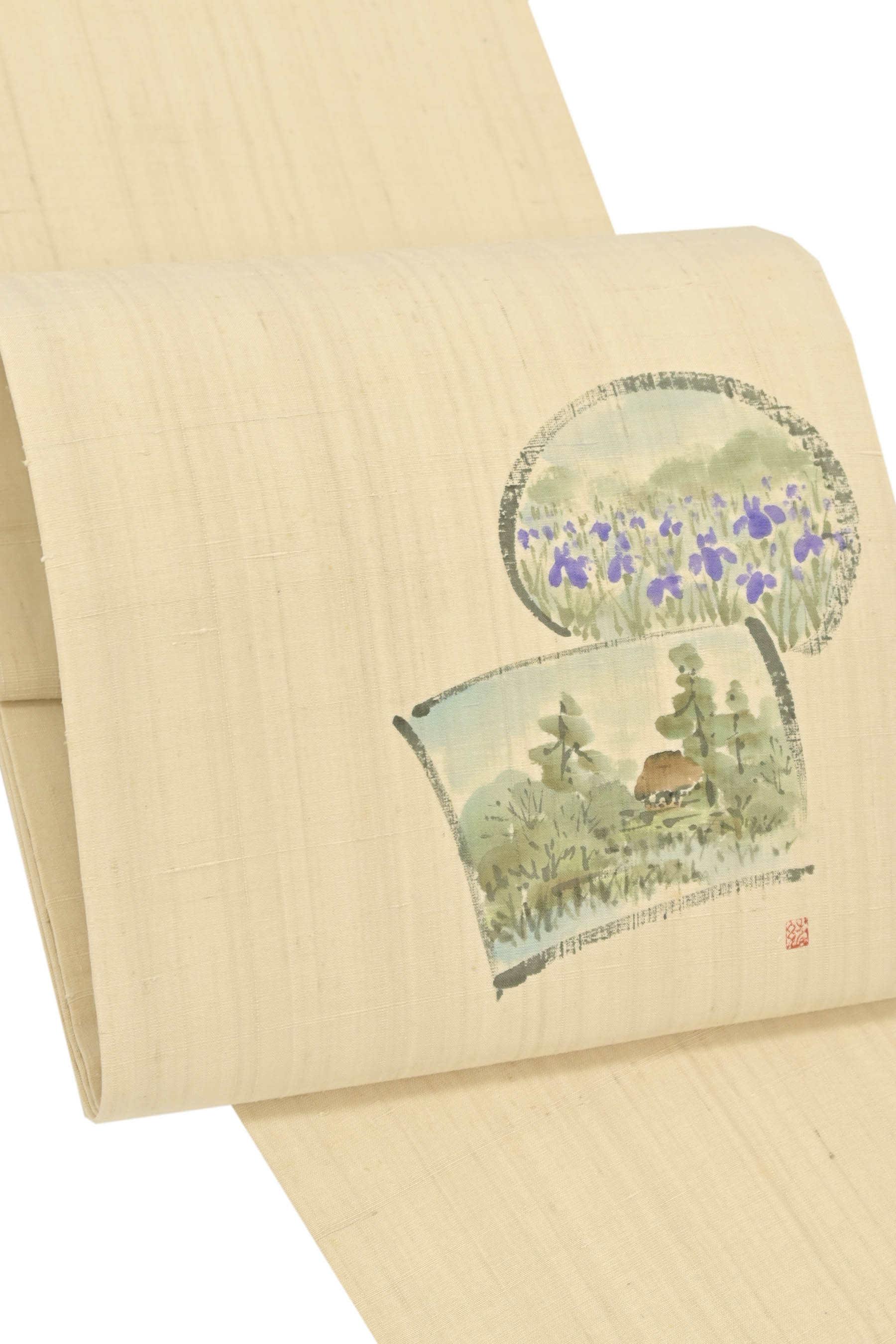 【作家物】 特選素描友禅紬九寸名古屋帯 ≪御仕立て上がり・中古品≫ 「杜若の里」 筆致豊かな素描の趣 個性的な帯姿に!京都きもの市場【日本最大級の着物通販サイト】